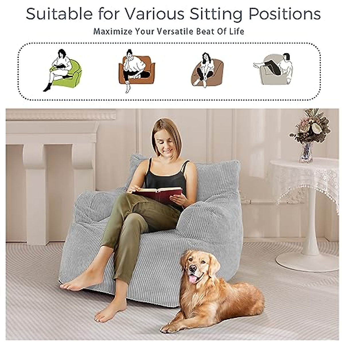 MAXYOYO Giant Bean Bag Chair, Stuffed Bean Bag Couch with Filler Large Living Room Bean Bag Chair for Adults, Big Lazy Sofa Accent Chair with Pocket Floor Chair for Gaming, Reading, Grey