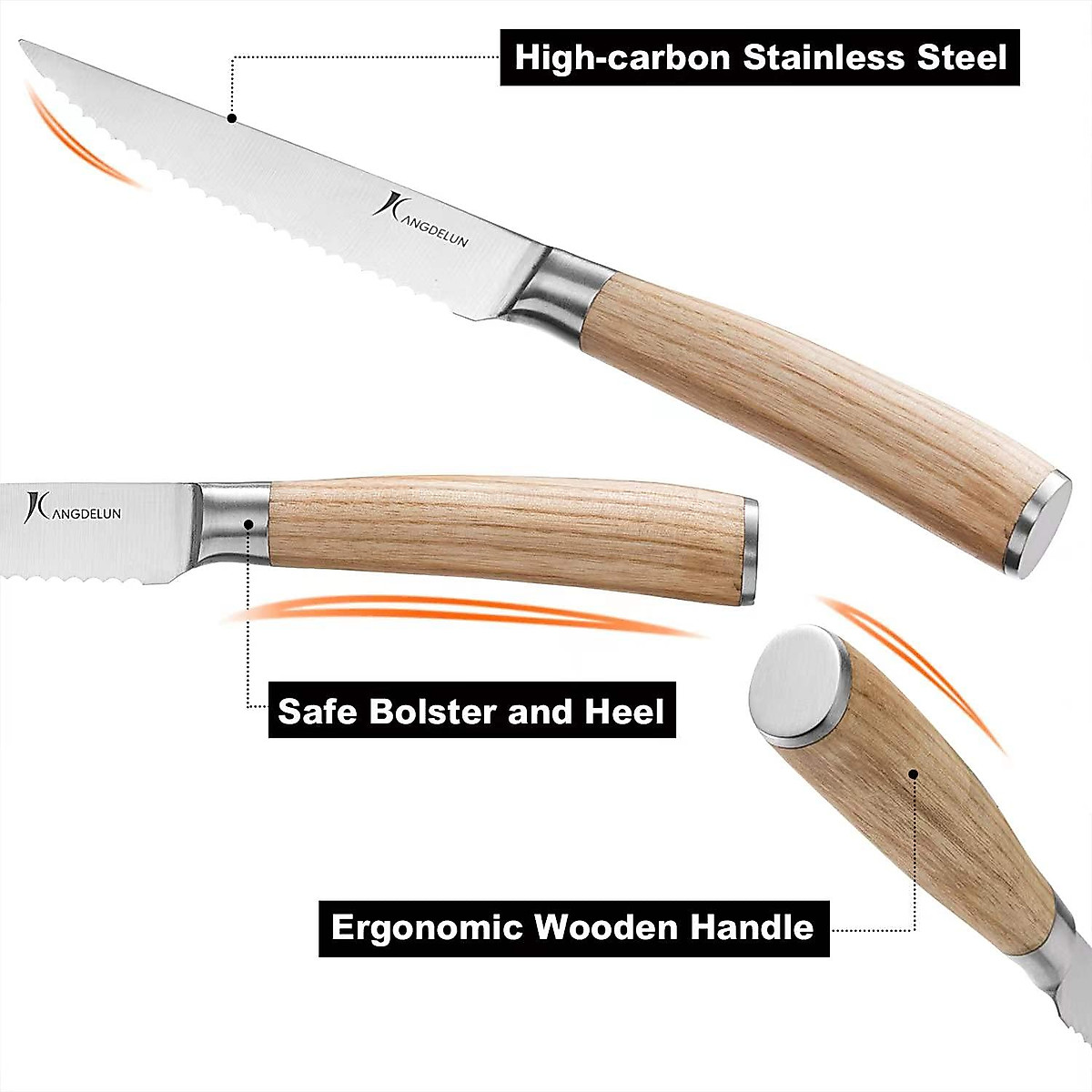kangdelun Natura Series 4.5” Serrated Steak Knife Set of 6, High Carbon Stainless Steel, Wooden Handle