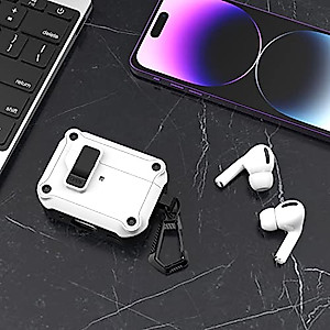 R-fun Airpods Pro 2nd Generation/1st Generation Case Cover with Automatic Snap Switch, Secure Lock Clip Super Protective for Airpods Pro Case (2019/2022) with Keychain for Men Women，White