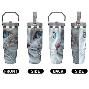 30oz Stainless Steel Insulated Tumbler with Flip Lid & Straw, Leakproof Travel Mug for Car, Blue Eyes Cat Double Wall Vacuum Thermal Coffee Cup with Handle, Spill-Proof Design for Hot/Cold Drinks