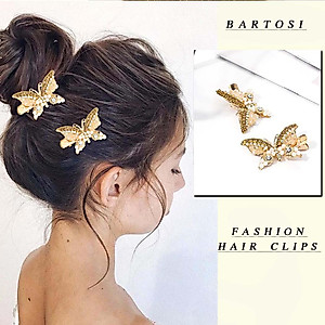 Bartosi Rhinestone Butterfly Hair Accessories Gold Crystal Decorative Alligator Hair Clips Pearl Pins (Pack of 2)