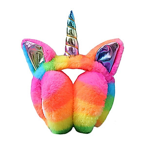 Foldable Winter Unicorn Earmuffs Women Faux Fur Ear Warmers with Cute Sequins Ears Ear Cover Girls (Rainbow Colorful), One Size