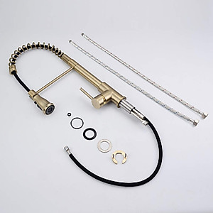 SHAMANDA Brass Kitchen Faucet High Arc Spring Kitchen Sink Faucet with Sprayer Single Handle Hole Pull Down Bar Sink Faucet Brushed Gold, L60001-3