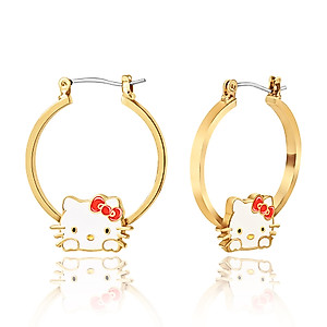 Sanrio Hello Kitty Womens Hoop Earrings - Gold Flash Plated and Enamel Hello Kitty Earrings Officially Licensed