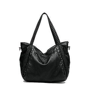 Extra Large Purses for Women Oversized Slouchy Bag Black Handbag Women Multi-pockets Hobo Tote Soft Faux Leather Braided Shoulder Pocketbooks-Black