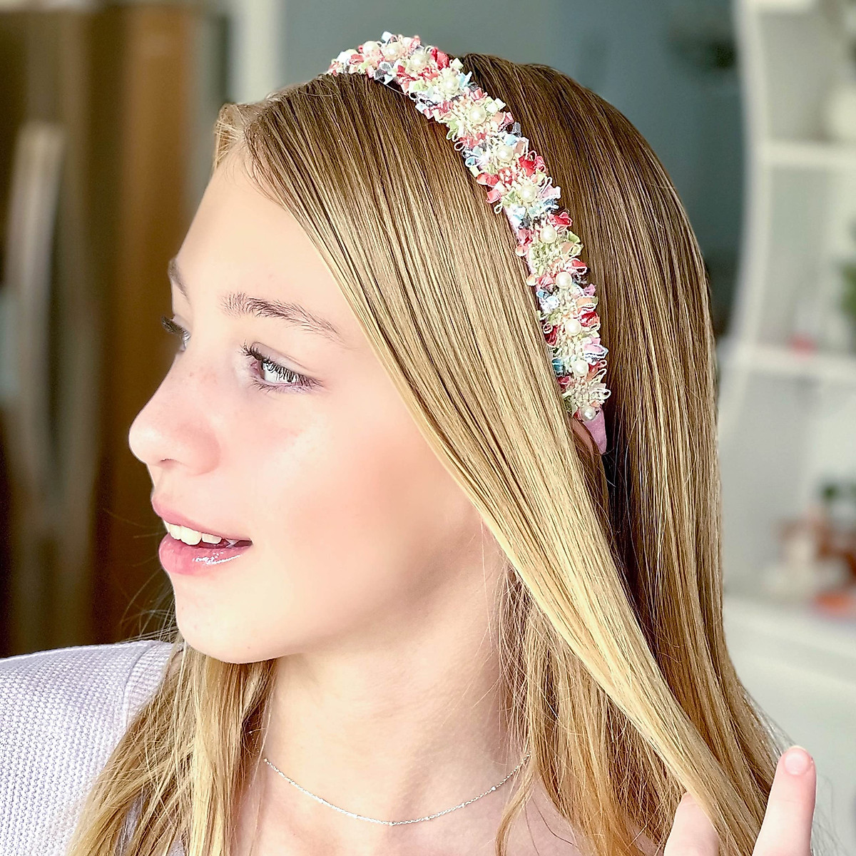 FROG SAC 2 Beaded Headbands for Girls, Pink Pearl Bead Hair Bands for Kids, Cute Fashion Girl Headband Hair Accessories, Confetti Hairbands for Children, Easter Basket Fillers Stocking Stuffers