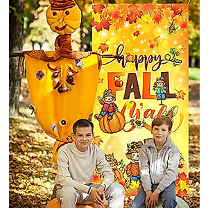 Fall Porch Decorations-Scarecrow Happy Fall Door Cover Thanksgiving Maple Leaves Pumpkin Banner Photo Background for Autumn Decor