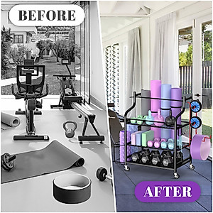 Mythinglogic Yoga Mat Storage Racks for Home, Gym Rack for Dumbbells Kettlebells Foam Roller, Yoga Strap and Resistance Bands, Workout Equipment Organizer With Hooks and Wheels