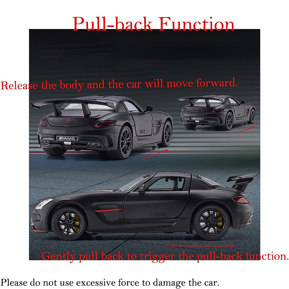 iLooboo Alloy Collectible Black Benz SLS AMG Toy Vehicle Pull Back Die-Cast Car Model with Lights and Sound