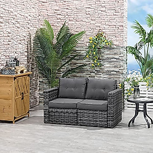 Outsunny 2 Piece Patio Wicker Corner Sofa Set, Outdoor PE Rattan Furniture, with Curved Armrests and Padded Cushions for Balcony, Garden, or Lawn, Lawn, Grey