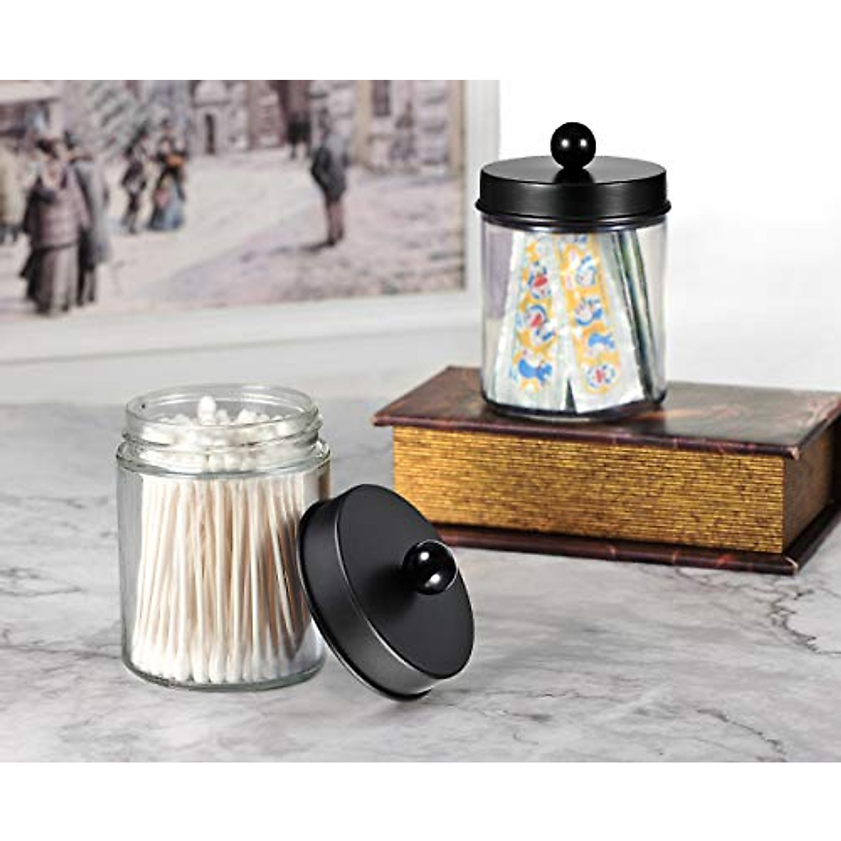 4 Pc Black Apothecary Jars Bathroom Storage Organizer - Cute Qtip Holder Vanity Canister & 2 Pcs Mason Jar Soap Dispensers -Rustproof Stainless Steel Lid &Pump, Refillable Hand Soap for Bathroom, Grey