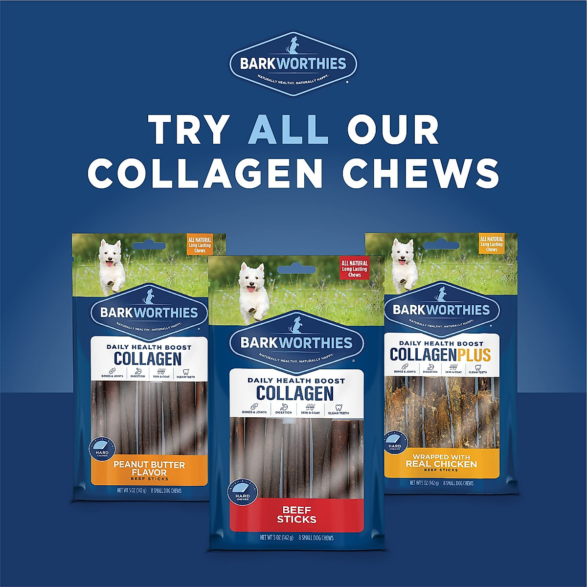 Barkworthies Peanut Butter Collagen Sticks Dog Treats (6-Inch, 8-Pack)