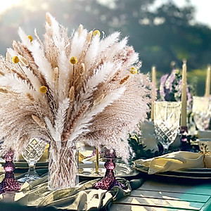 100PCS Natural Dried Pampas Grass Decor - 17.5" Fluffy Pampas Grass Bouquet - Boho Home Decor Dried Flowers for Wedding Floral Room Home Party Table Decorations