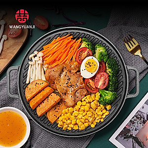 WANGYUANJI Cast Iron Grill Pan,11.8inch Round Cast Iron Skillets with Dual Handles for Barbecue,Suitable for All Stoves with Spatula and Brush