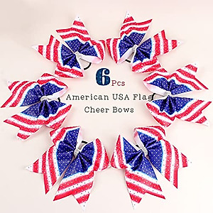 OAOLEER 6 Count USA Cheer Hair Bows, 8In Grosgrain Ribbon Boutique Large Cheerleader Bows with Elastic Tie Band for Competition, Independence Day, Girls, Teens, Kids, Blue / Red / White