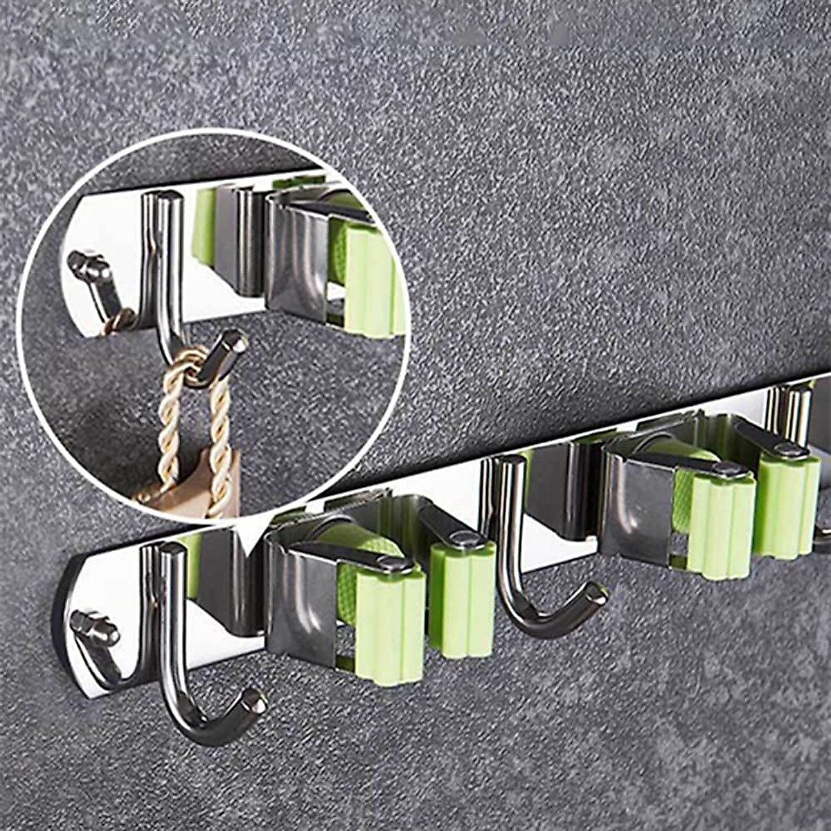 1 Pack Broom Mop Holder Wall Mount Garage Organization Wall Organizer Storage Broom Closet Kitchen Organization Heavy Duty Garage Tools Hanger with 3 Racks 4 Hooks for Garden Laundry Room (Green)
