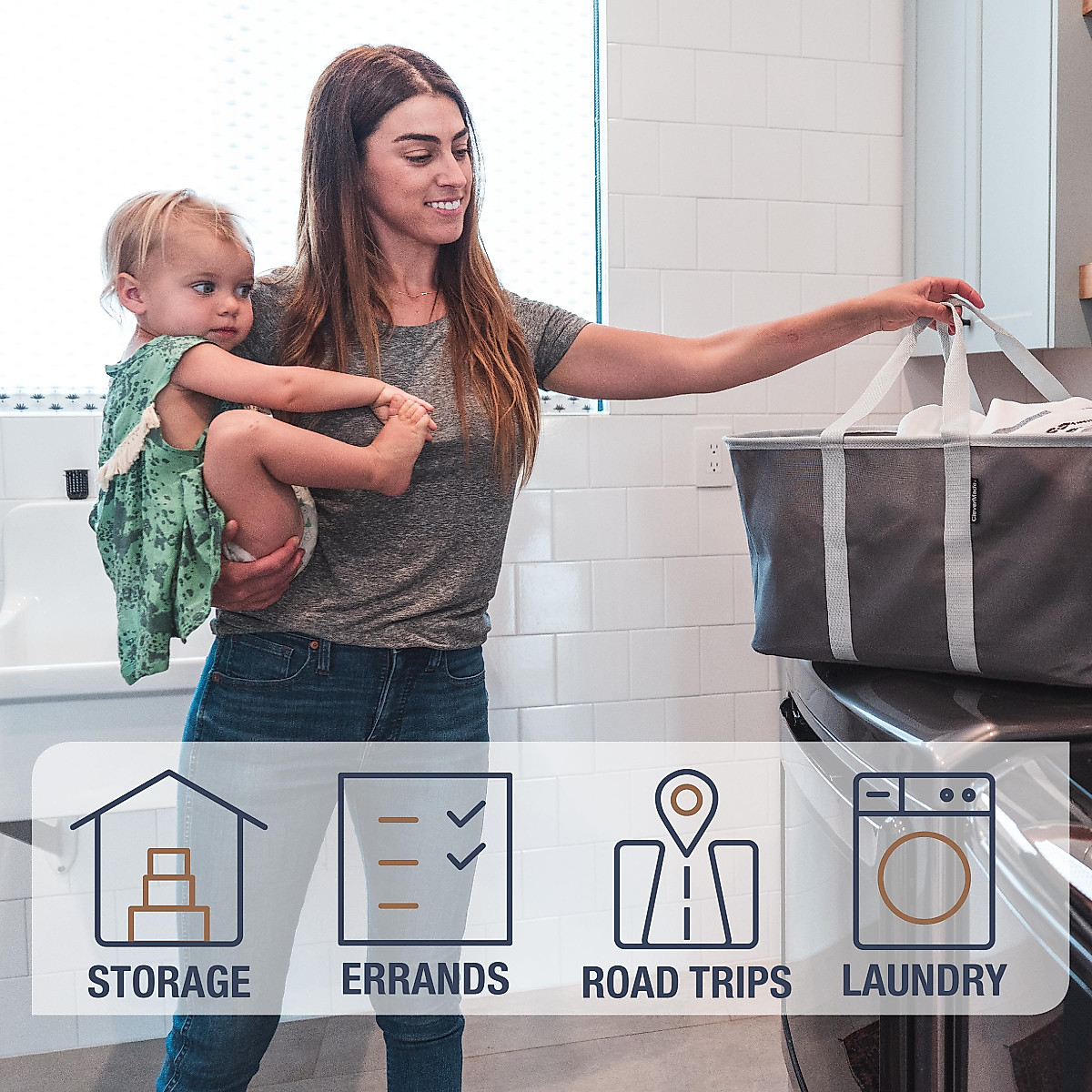 CleverMade Collapsible Laundry Tote, Denim/Charcoal 2PK - 50L (13 Gal) Collapsible Laundry Baskets with Sturdy Pop-Up Wire Frame and Long Carry Handles - Space-Saving Collapsible Hamper