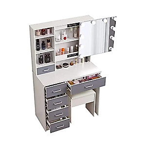 Vanity Set with Sliding Lighted Mirror, Vanity Desk Makeup Vanity Dressing Table with LED Lights, 6 Drawers, Hidden Shelves & Cushioned Stool for Bedroom