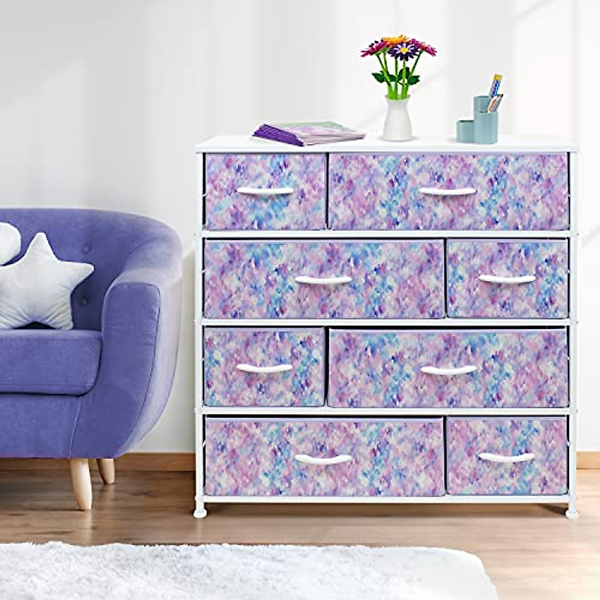 Sorbus Dresser for Kids Bedroom 8 Drawers - Storage Organizer Closet Furniture Chest for Girls & Boys, Nursery, Playroom, Clothes, Toys - Steel Frame, Wood Top, Tie-dye Fabric Bins (Tie-dye Purple)