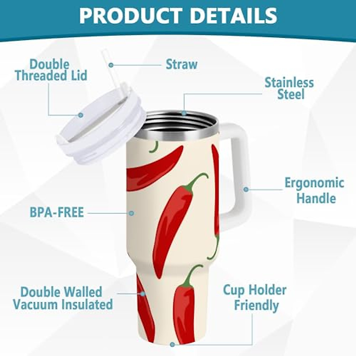 DIGTIA Stainless Steel Insulated Tumbler w/Handle & Straw, Red Peppers Double Wall Vacuum Travel Coffee Mug Cup w/Lid, Leak-Proof Sports Green Water Bottle,30oz