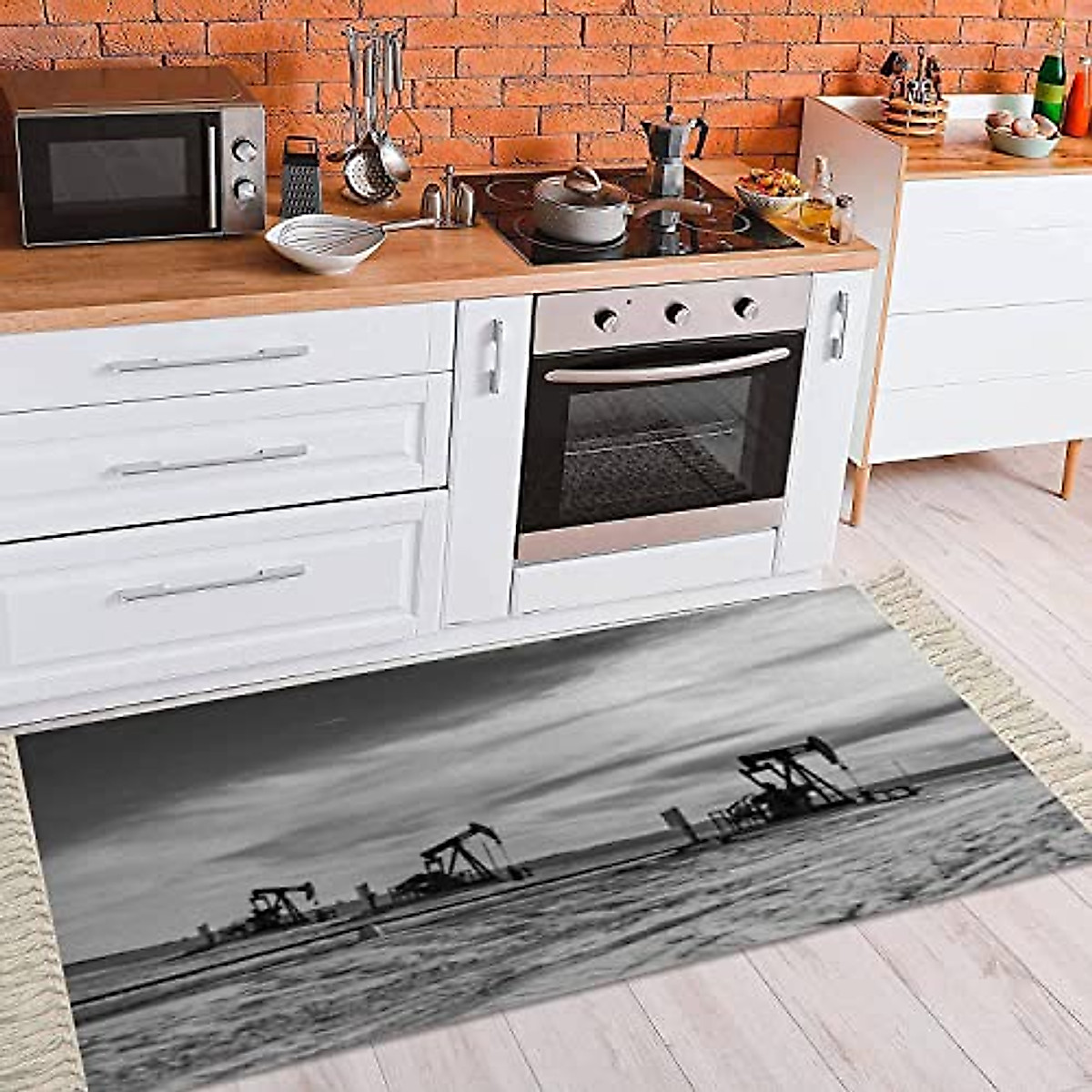 Boho Kid Bedroom Playroom Nursery Area Rugs Oil Derrick on The Prairies in Winter Tassels Carpet Patio Hallway Runner Mat Pad Home Decor Living Room Indoor Outdoor