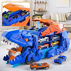 iHaHa Toddler Truck Toys for 3 4 5 6 Years Old Boys, Toys Cars Track Set Dinosaur Transporter Truck with 10 Die-Cast Car Toys, Transforms into Dino, Toddler Car Toys Set for Kids Boys Girls