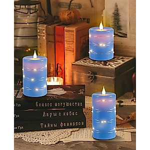 Upinmz Flameless Candle with String of Lights Battery Powered LED Candle Flashing Candle with Remote Control and Timer 3 Packs (Blue)