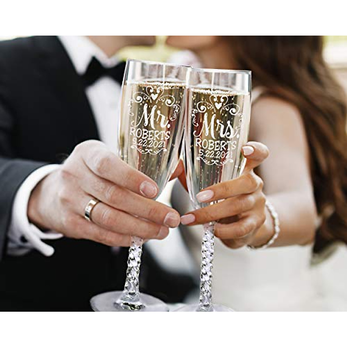 Mr Mrs Wedding Reception Celebration Twisty Stem Champagne Glasses Set of 2 Couples Newlywed Married Groom Bride Husband Wife Anniversary Engraved CLEAR Flute Glass Favors (Personalized)