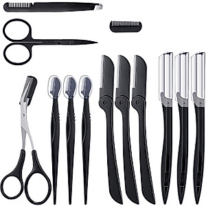 Mudder 12 Pieces Eyebrow Kit Multipurpose Exfoliating Dermaplaning Tool, Include 3 Face Razors, 3 Eyebrow Shaver, 3 Eyebrow Brush, 2 Scissors, and Tweezer for Women Girls