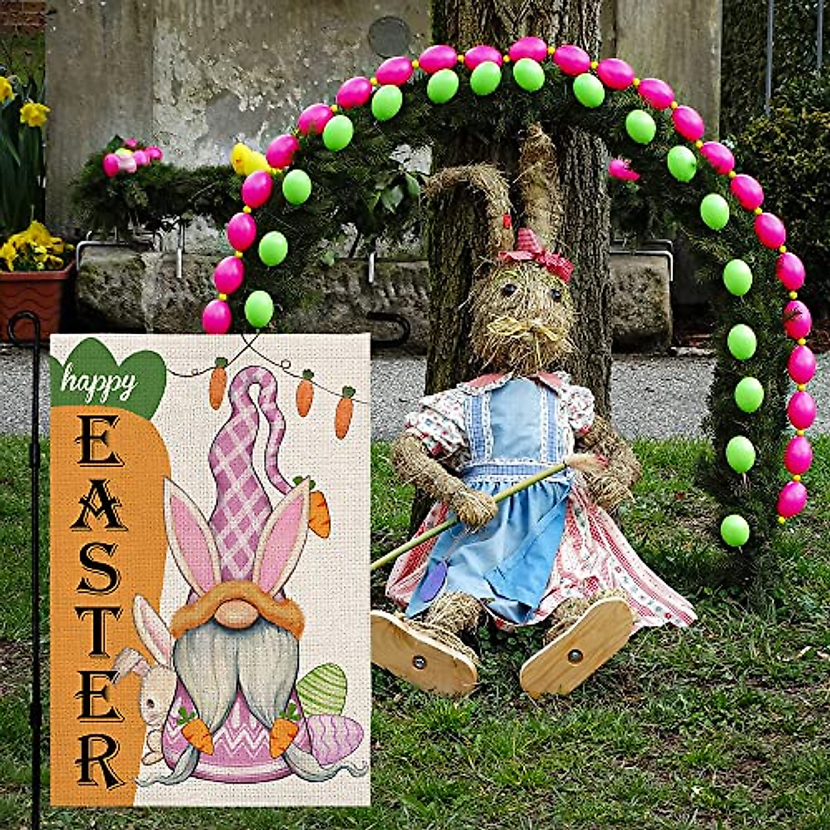 CROWNED BEAUTY Happy Easter Garden Flag Pink Gnome 12×18 Inch Double Sided Carrots Eggs Outside Vertical Holiday Yard Decor