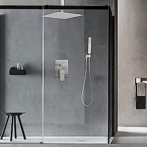 JingGang 12 Inch Ceiling Mount Brushed Nickel Shower System Bathroom Luxury Rain Mixer Shower Combo Set Ceiling Rainfall Shower Head System (Contain Shower Faucet Rough-in Valve Body and Trim)