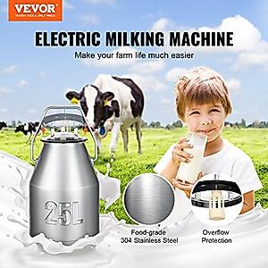 VEVOR Electric Cow Milking Machine, 6.6 Gal / 25 L 304 Stainless Steel Bucket, Automatic Pulsation Vacuum Milker, Portable Milker with Food-Grade Silicone Cups and Tubes, Adjustable Pressure
