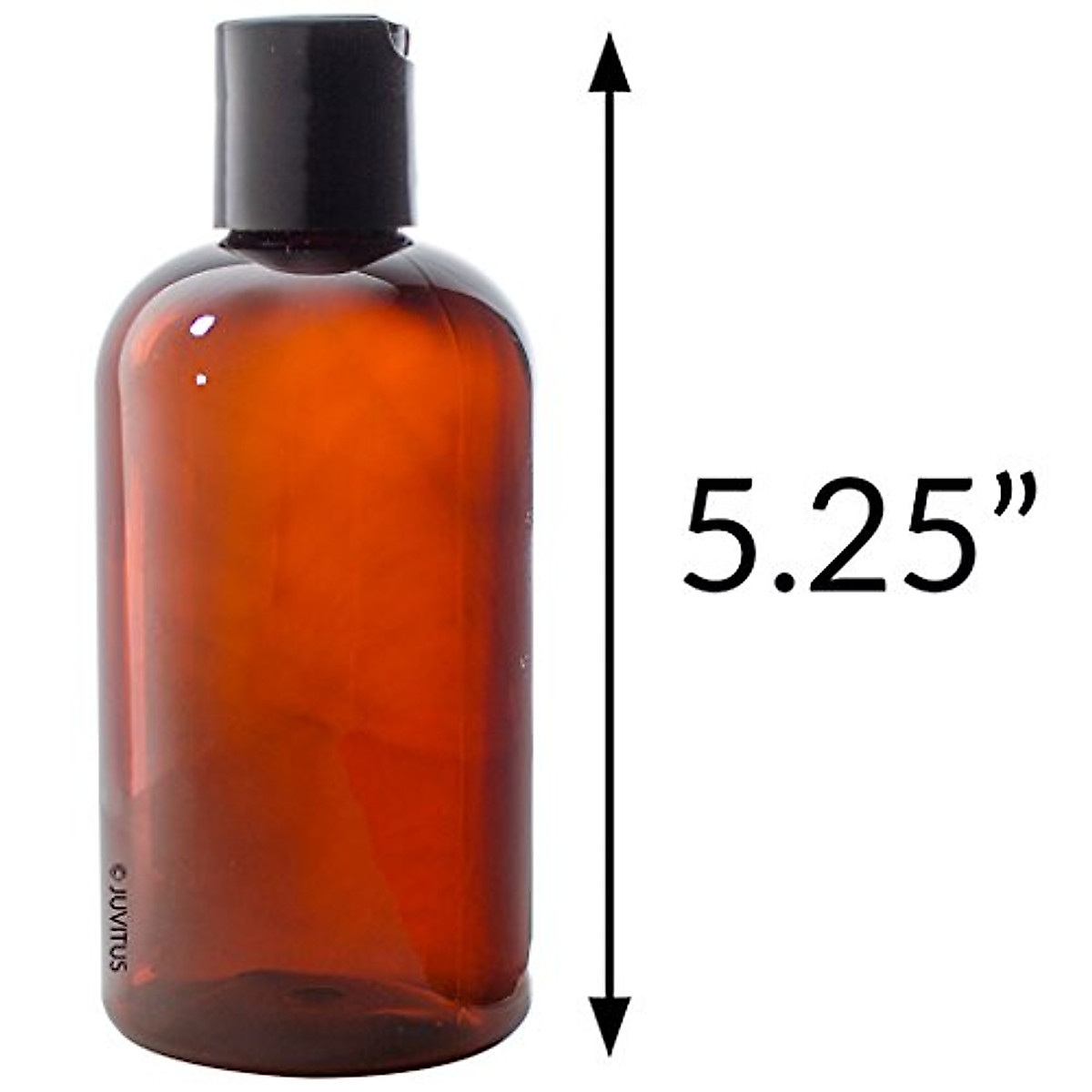 JUVITUS 8 oz Amber Boston Round PET Plastic Bottles (BPA Free) with (12 pack) (Black Disc Cap)