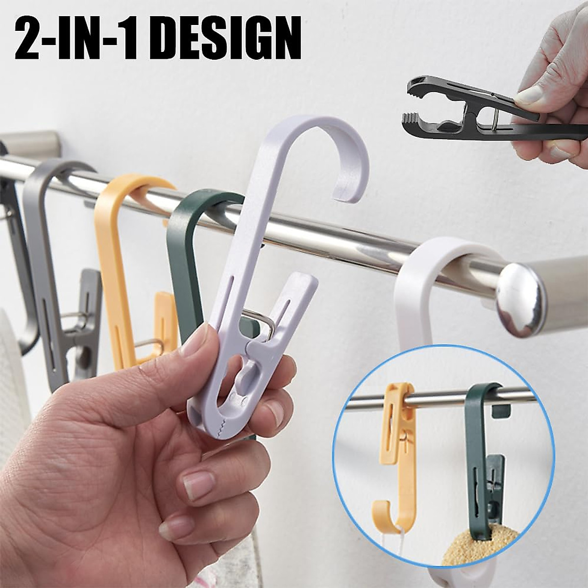 6Pcs Laundry Hooks with Clips Hanger Closet Organizer Clamps Hanging Socks Boot Bras Towels Shower Pegs for Bathroom Wardrobe Kitchen Office Holders Clothes Pins Outdoor, White