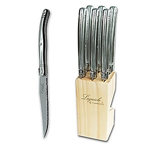 TopKnife Laguiole 6 pcs Steak Knife Set - Stainless Steel Handle - Pine Wood Block