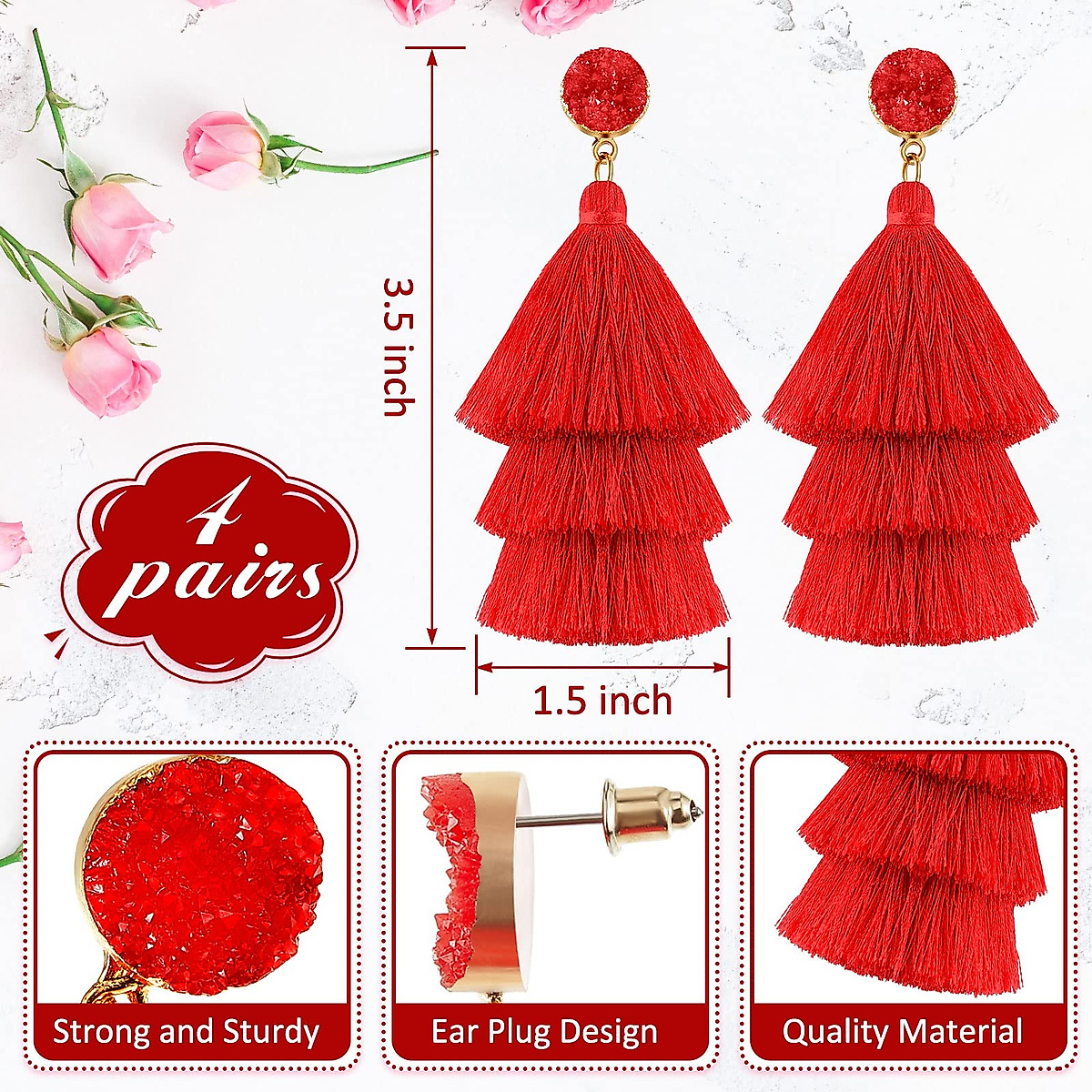Bonuci 4 Pairs Tassel Earrings Red Earrings for Women Tassel Earring for Women Bohemian Druzy Stud Dangle Birthday Christmas Wedding Daily (White, Red, Rose Red, Black)