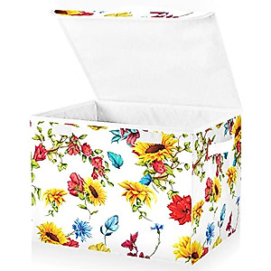 Sunflowers Pomegranate Storage Bins with Lids for Organizing Lidded Home Storage Bins with Handles Oxford Cloth Storage Cube Box for Bed Room