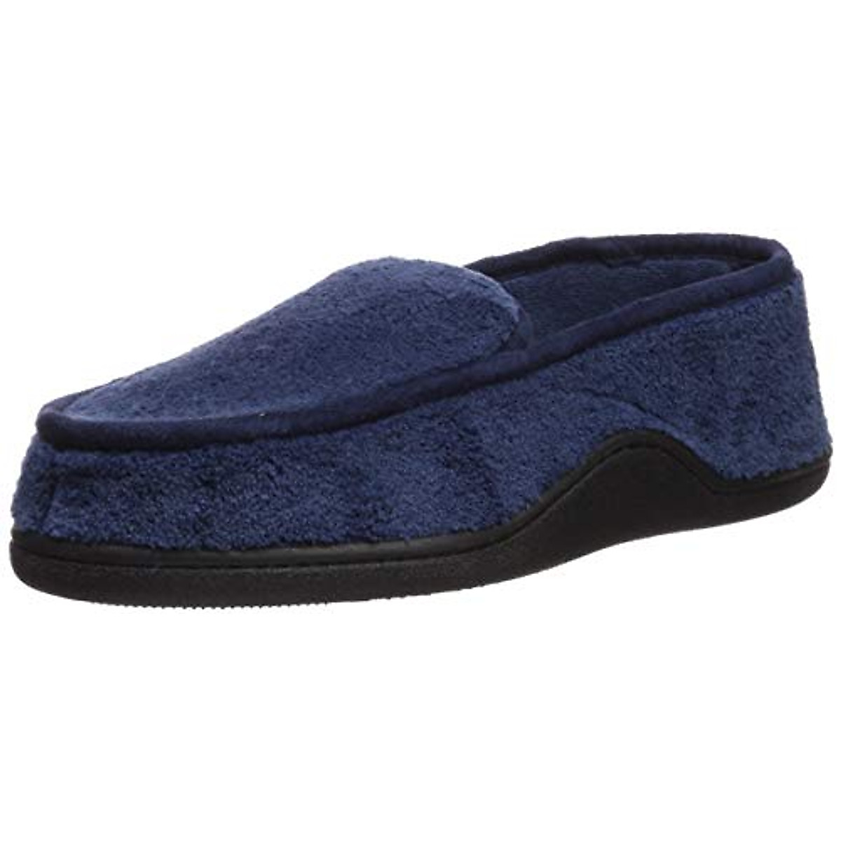 isotoner Men's Terry Moccasin Slipper with Memory Foam for Indoor/Outdoor Comfort, Navy, Large