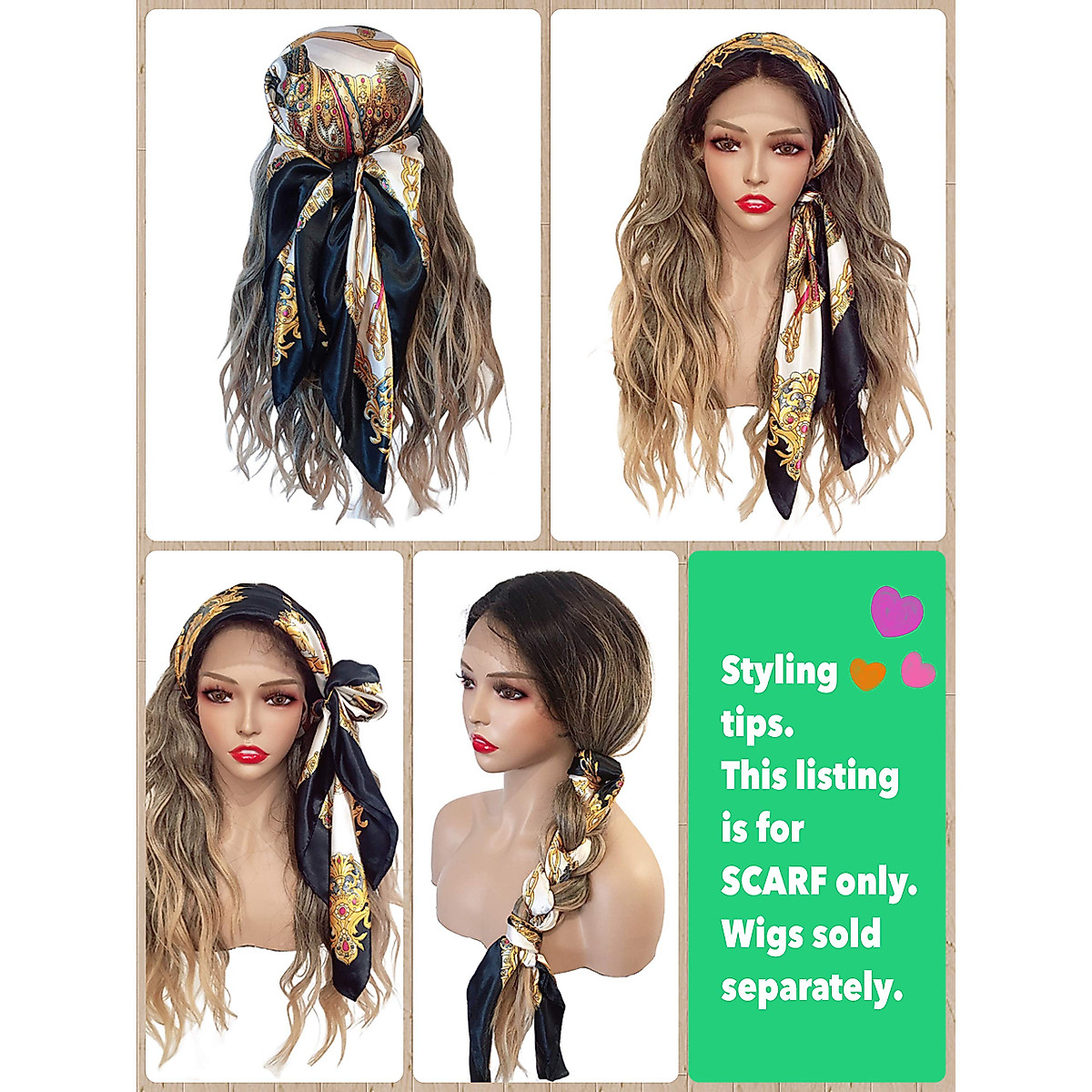 JOE GREEN CO Large Silk Like Satin Scarf Neck Head Wrap 35 Inch Square (01 Black Saddle Chain)