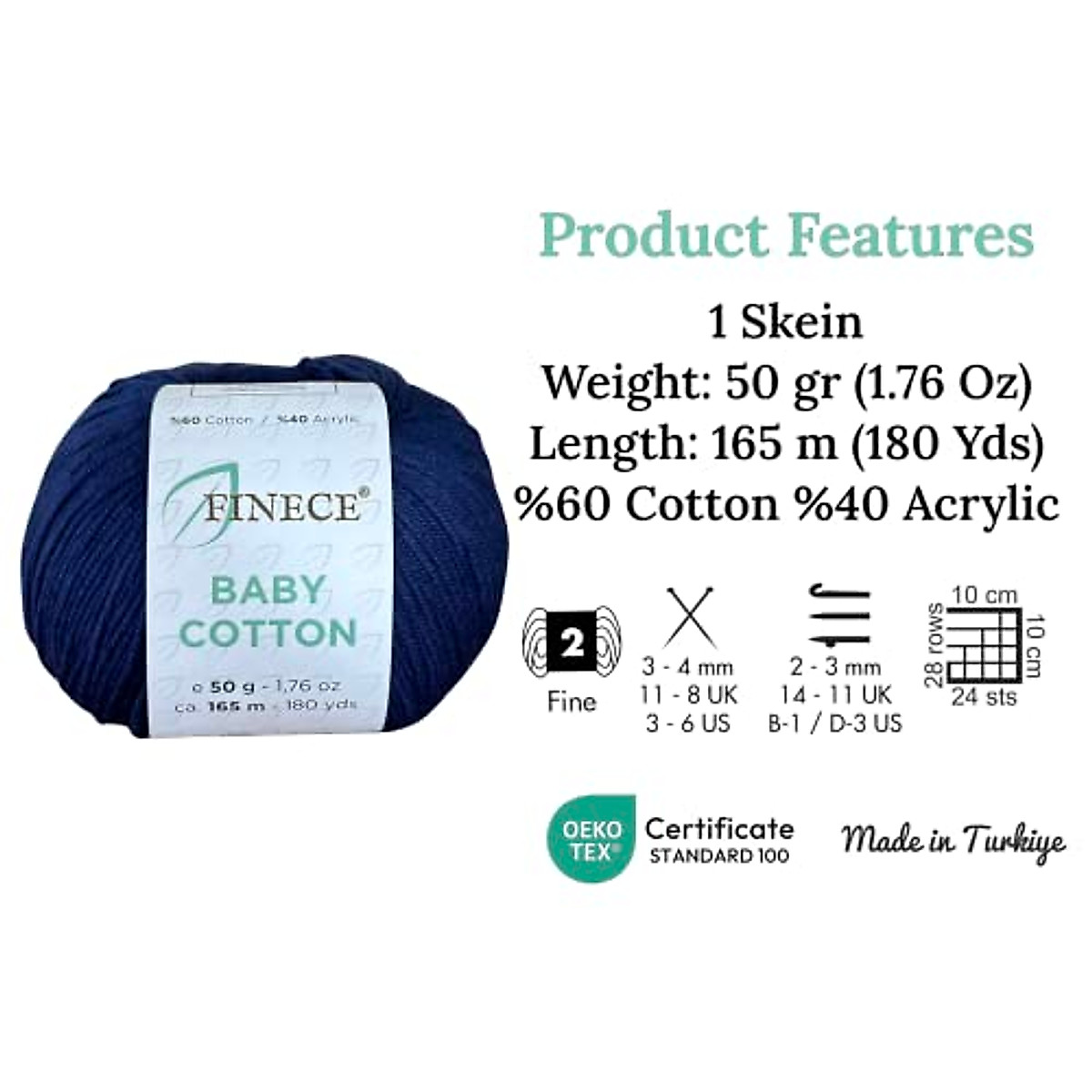 FINECE Baby Cotton, 60% Cotton 40% Acrylic Yarn, Fine (2) for Crochet and Knitting 2 x 1.76 Oz (2 x 50g) / 2 x 180 Yrds (2 x 165m), Soft Yarn, Amigurumi Yarn (2 Skeins, 3038 - Navy Blue)