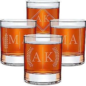 On The Rox Drinks Personalized Whiskey Gifts for Men - 11 oz Engraved Split Monogrammed Whiskey Glass Set of 4 - Customized Cocktail Glass - Bourbon, Scotch, Rocks, Brandy