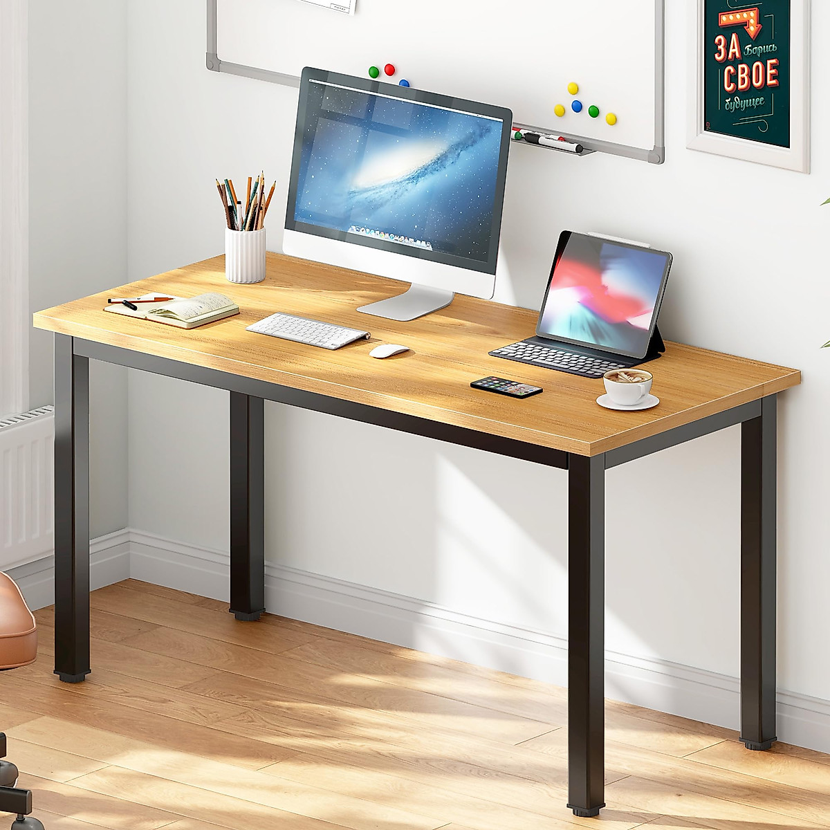 DlandHome 47 inches Medium Computer Desk, Composite Wood Board, Decent and Steady Home Office Desk/Workstation/Table, BS1-120TB Teak and Black Legs, 1 Pack