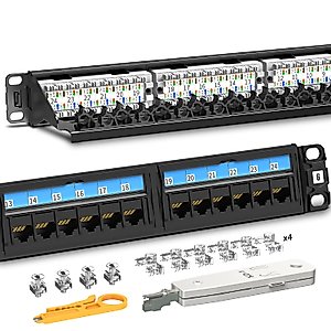 AMPCOM Industrial Series CAT6 24 Ports Patch Panel, Rack Mount - 1U, 19 inch, RJ45 Ethernet 568A 568B, 50u Gold Plated, with Rear Cable Management Bar