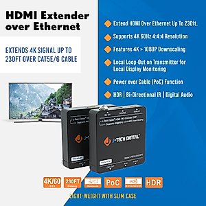 J-Tech Digital HDMI Extender 4K 60Hz Over Cat5e/6 Ethernet Cable Up to 230ft. Supports 4K Downscale HDMI Loop Out PoC HDR Bi-Directional IR [JTECH-EX230V2]