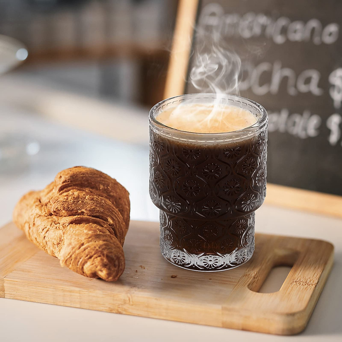 AVLA 8 Pack Vintage Drinking Glassware, 7 oz Romantic Water Juice Glass Tumbler Cup, Clear Stackable Coffee Cocktail Bar Drinkware for Beverages, Tea, Milk, Yogurt, Whiskey, Embossed Floral Pattern