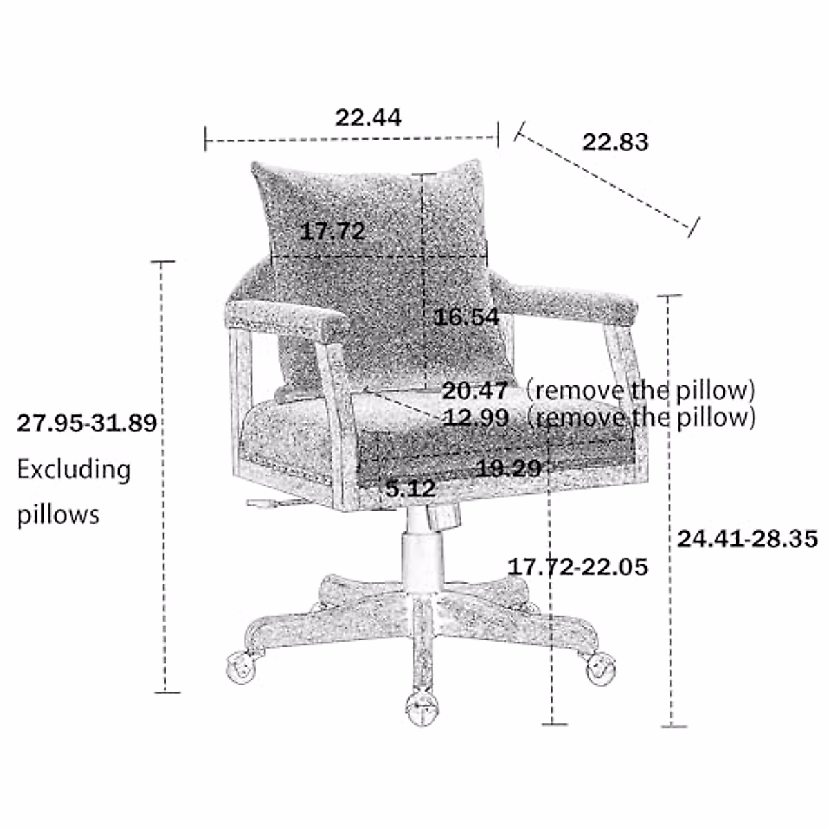 Luoyisimall Adjustable Swivel Desk Chair，Boucle Upholstered Seat Home Office Computer Chair with Wheels and Back Pillow,Solid Wood Task Execution Armchair for Office Study Makeup (Black)