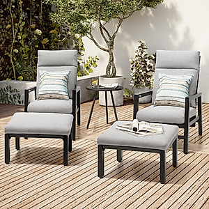 Pellebant Reclining Patio Chairs 2PC with Ottoman, Patio Reclining Chair with Cushion, Outdoor Conversation Set, All Weather Furniture for Patio, Lawn, Garden, Yard, Balcony, Poolside, Grey