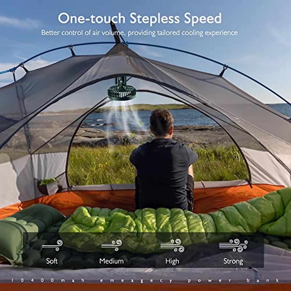 SISMEL Portable Camping Fan with Light, 10400mAh Rechargeable Battery Operated Fan, Stepless Speed and Small Quiet Outdoor Tent Fan, USB Oscillating Fan for Bedroom Bedside, Camp Tents, Office Desk