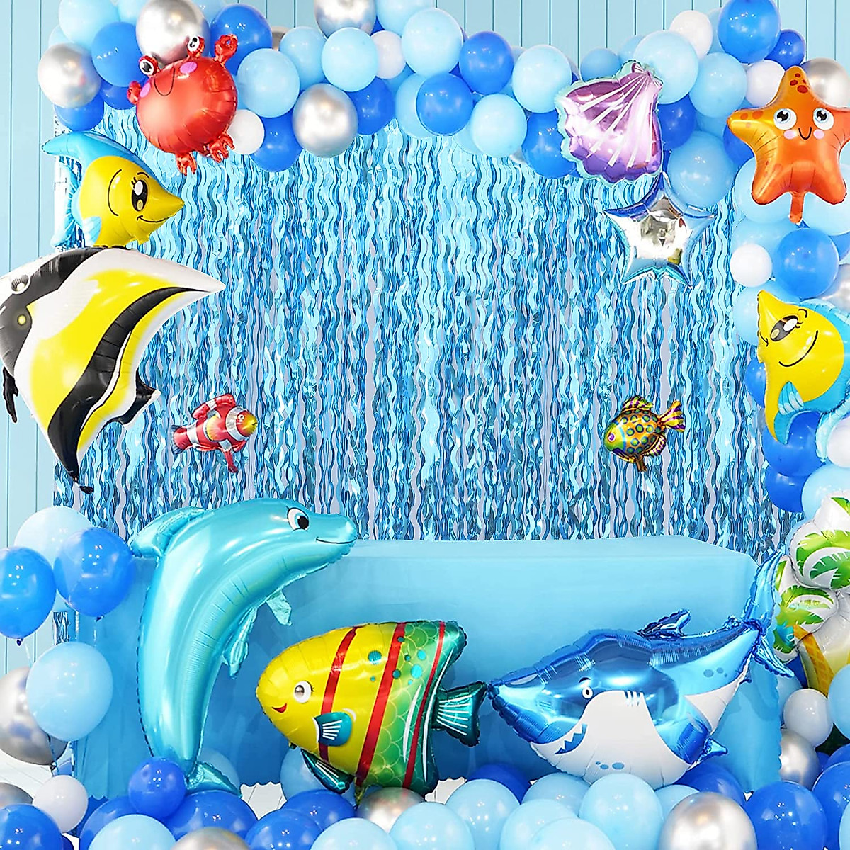 Wavy Tinsel Foil Fringe Curtain Photo Booth Props for Mermaid Birthday Under The Sea Party Decorations (2 Pack 3.2 ft X 6.6 ft Teal Blue)