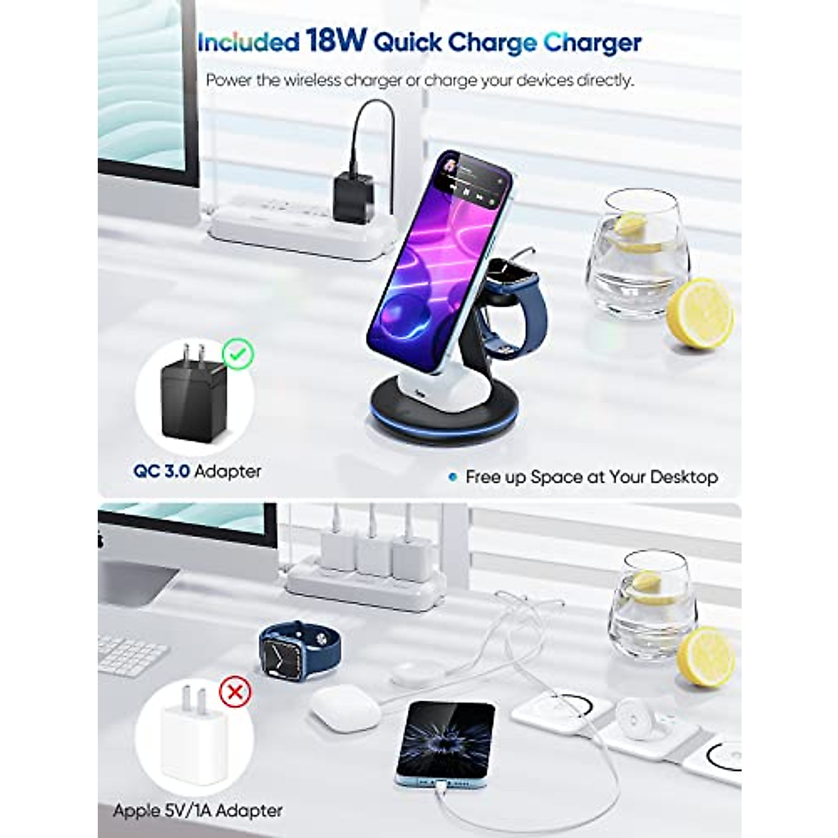 Magnetic Wireless Charging Station for Apple Series, 3-in-1 Standard 15W Fast Mag-Safe Charger Stand with QC3.0 Adapter, for iPhone 14,13,12 Pro Max/Pro/Mini/Plus, iWatch Ultra/8/7/6/5/4/3/2, AirPods…